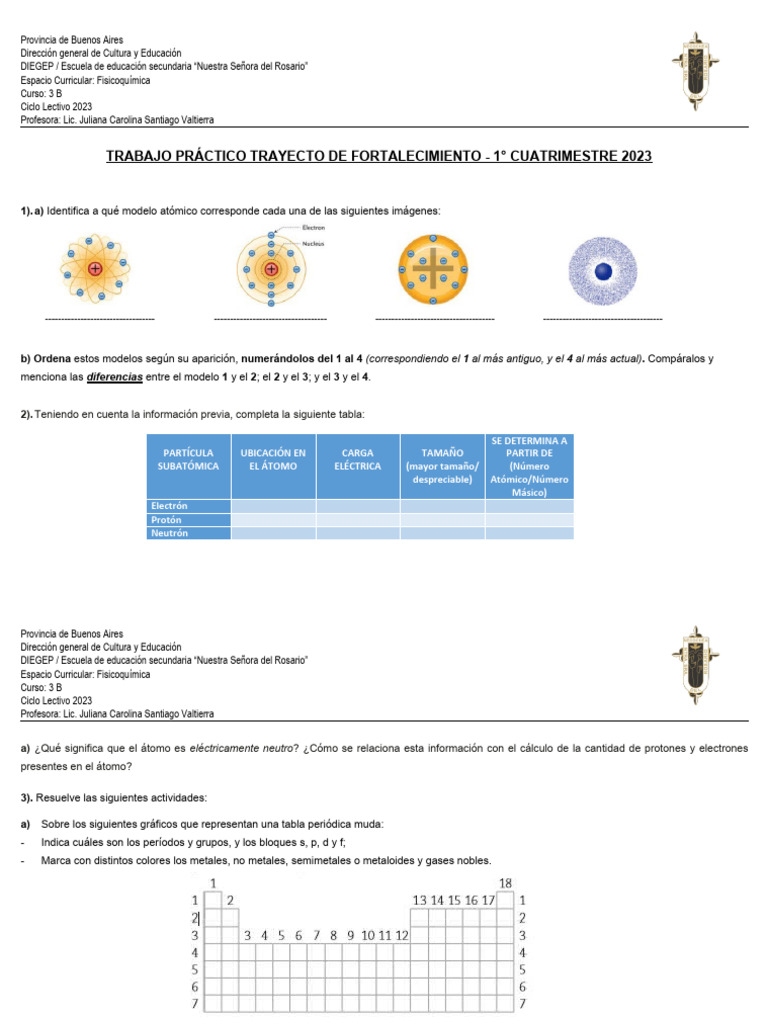 Integrador 1er Cuatrimestre Fisicoquimica 3B 2023 | PDF | Protón | Electrón