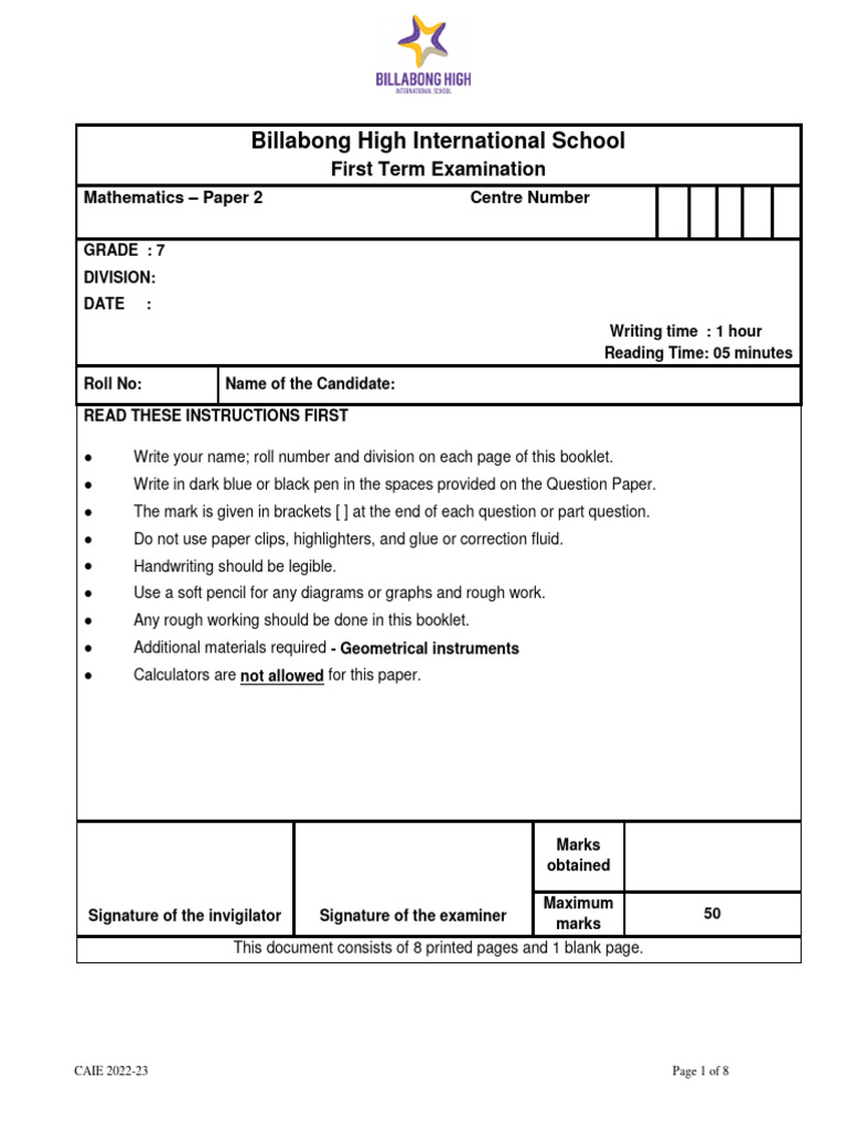 04 - CAIE7 - Maths - T1 - Paper - 2 | PDF | Mathematics