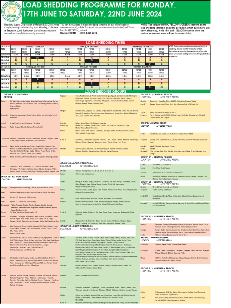 Load Shedding Programme For Monday, 17th June To Saturday, 22nd June ...
