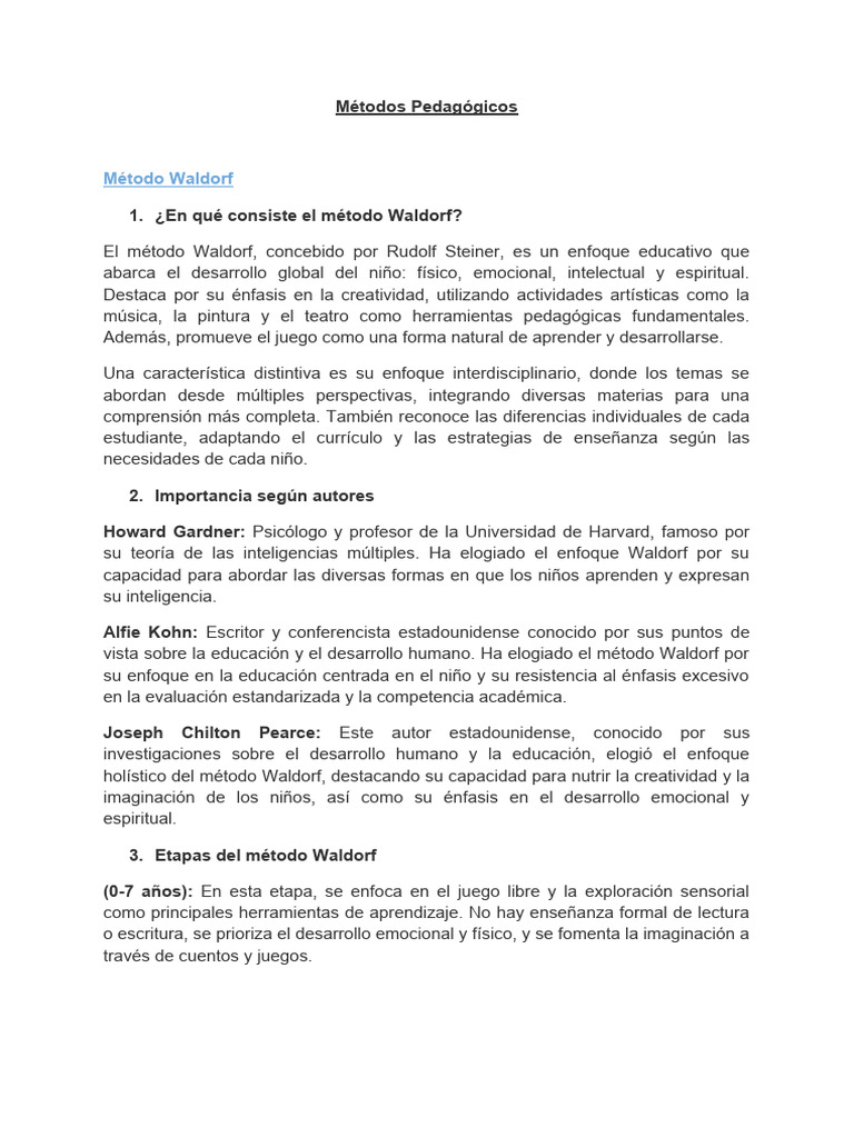 Métodos Pedagógicos | PDF | Waldorf Education | Aprendizaje