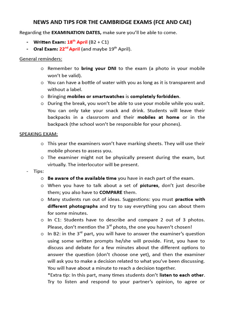 TIPS FOR THE CAMBRIDGE EXAM - March2024 | PDF