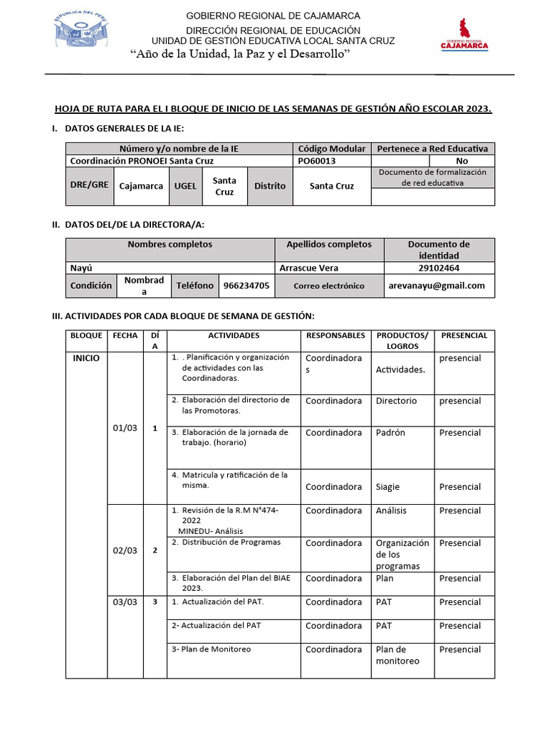 Hoja de Ruta para El I Bloque de Inicio de Las Semanas de Gestión Año Escolar 2023 | PDF