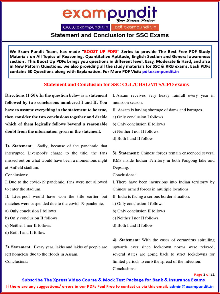 Statement and Conclusion Questions For SSC Exams | PDF