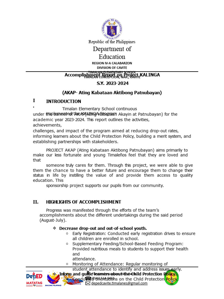 Accomplishment Report-Kalinga 2023-2024 | PDF | Teachers