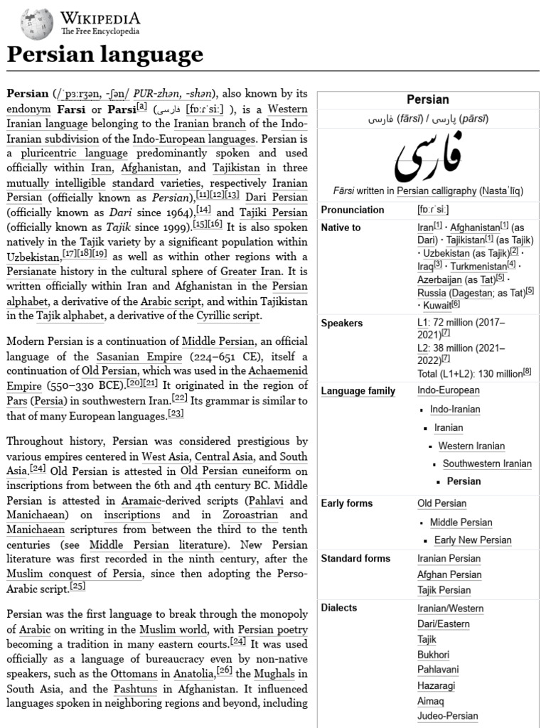 Persian Language - Wikipedia | PDF | Persian Language | Grammatical Gender Persian Language - Wikipedia | PDF | Persian Language | Grammatical Gender