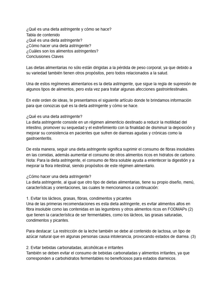 ¿Qué Es Una Dieta Astringente y Cómo Se Hace | PDF | Dieta | Diarrea