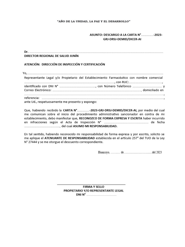 Modelo Descargo Con Atenuante para Rebaja de Multa | PDF | Gobierno