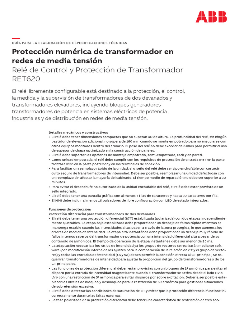 Guideform Specification RET620 1MRS758789 A ES | PDF | Transformador | Relé