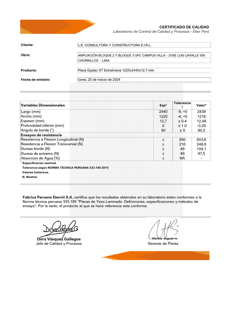 Certificado de Calidad ST 12.7 - L.E. Consultora y Constructora E.I.R.L. | PDF | Ingeniería de ...