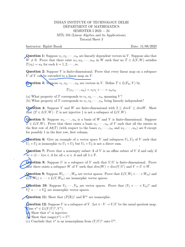 Tutorial Sheet 3 | PDF | Linear Subspace | Vector Space