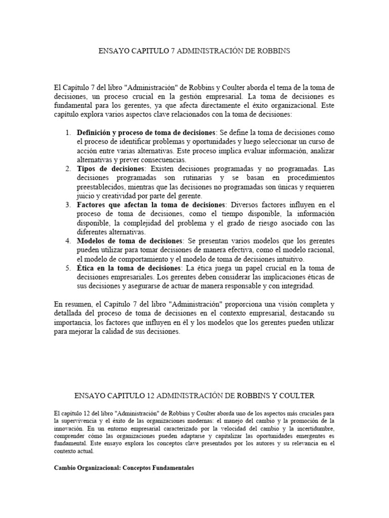Ensayo Capitulo 7 Administración de Robbins | PDF | Toma de decisiones | Cognición