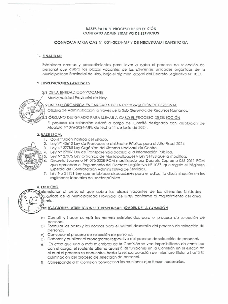 Bases Cas Proceso #001-2024-Mpi | PDF | Gestión de recursos humanos ...