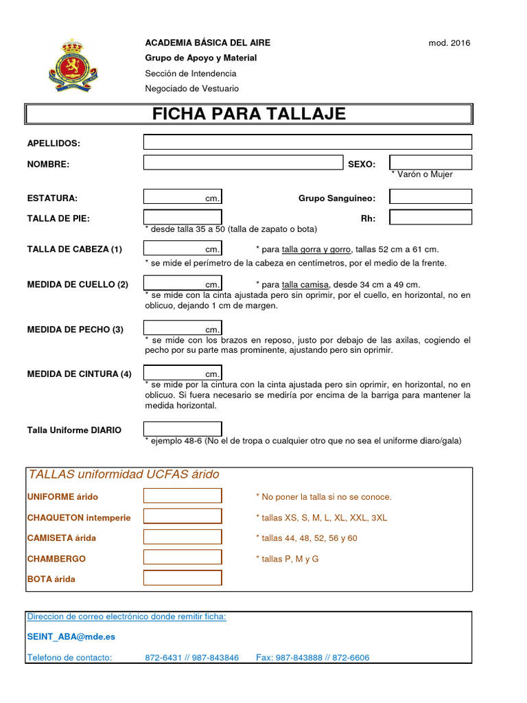 Ficha Tallaje Academia Basica Del Aire 2017 | PDF | Ropa | Moda