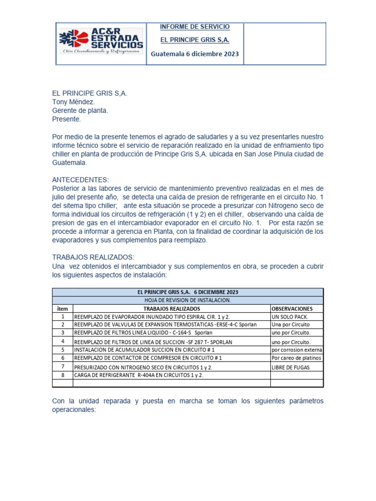Informe Técnico de Reparación Chiller | PDF | Presión | Ingeniería Termodinámica