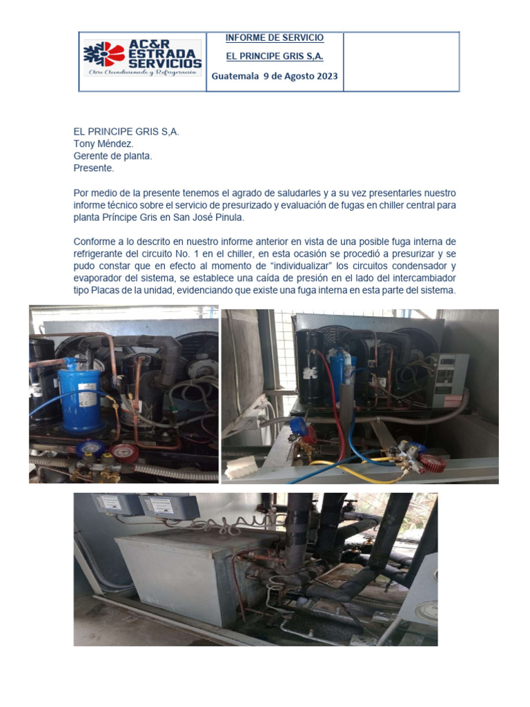 INFORME TECNICO - CHILLER PLANTA PRINCIPE GRIS - (Reemplazo de Intercambiador de Placas) | PDF ...