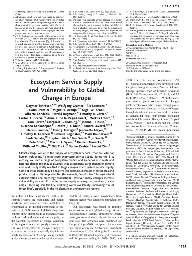 Ecology Ecosystem Service Supply and Vulnerability To Global Change in Europe | PDF | General ...