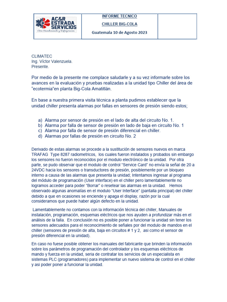 INFORME TECNICO - BIG COLA - (Chiller Scroll 200 Ton) PDF | PDF