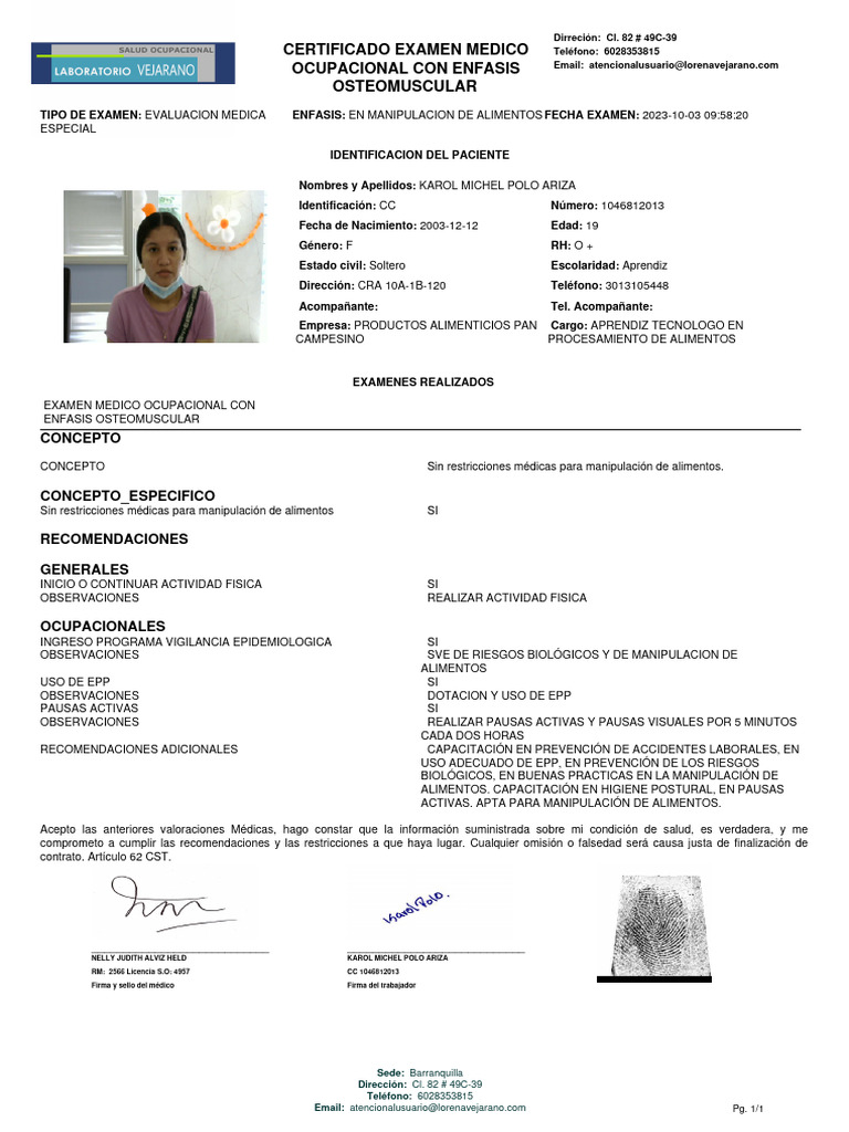 Certificado Examen Médico Karol Michel | PDF | Cuidado de la salud ...