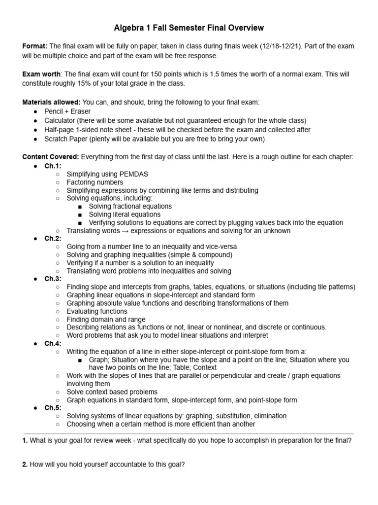 Algebra 1 Fall Final Practice Tests + Overview | PDF | Equations ... Algebra 1 Fall Final Practice Tests + Overview | PDF | Equations ...