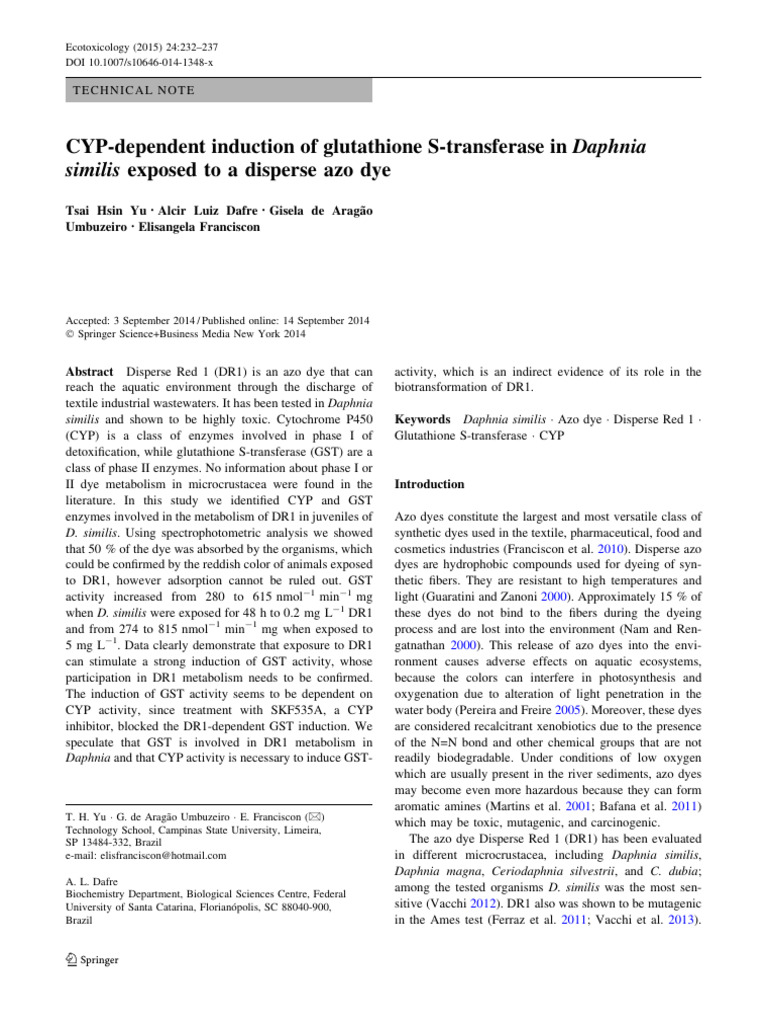 2015-CYP-dependent Induction of Glutathione S-Transferase in Daphnia Similis Exposed To A ...