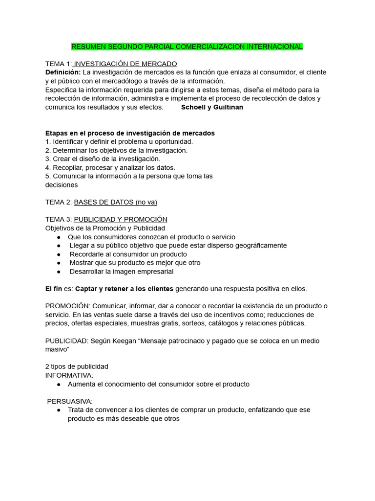 Resumen Segundo Parcial Comercializacion Internacional-Lr | PDF | Producto (Negocio) | Marketing
