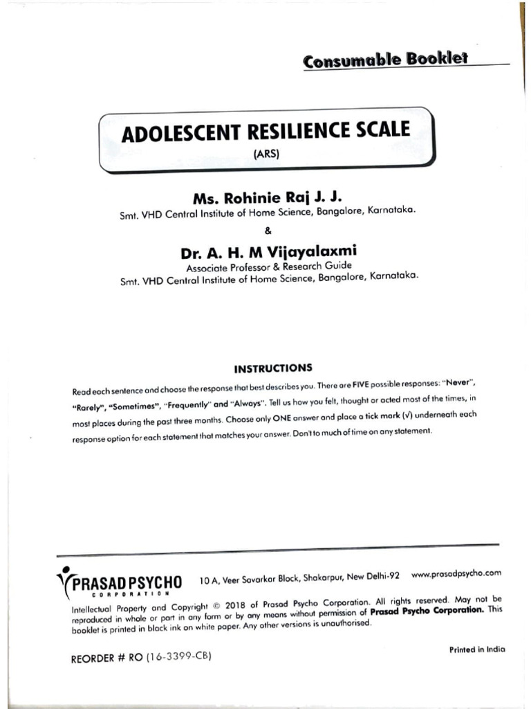 Adolescent Resilience Scale Questionnaire | PDF | Psychological ...