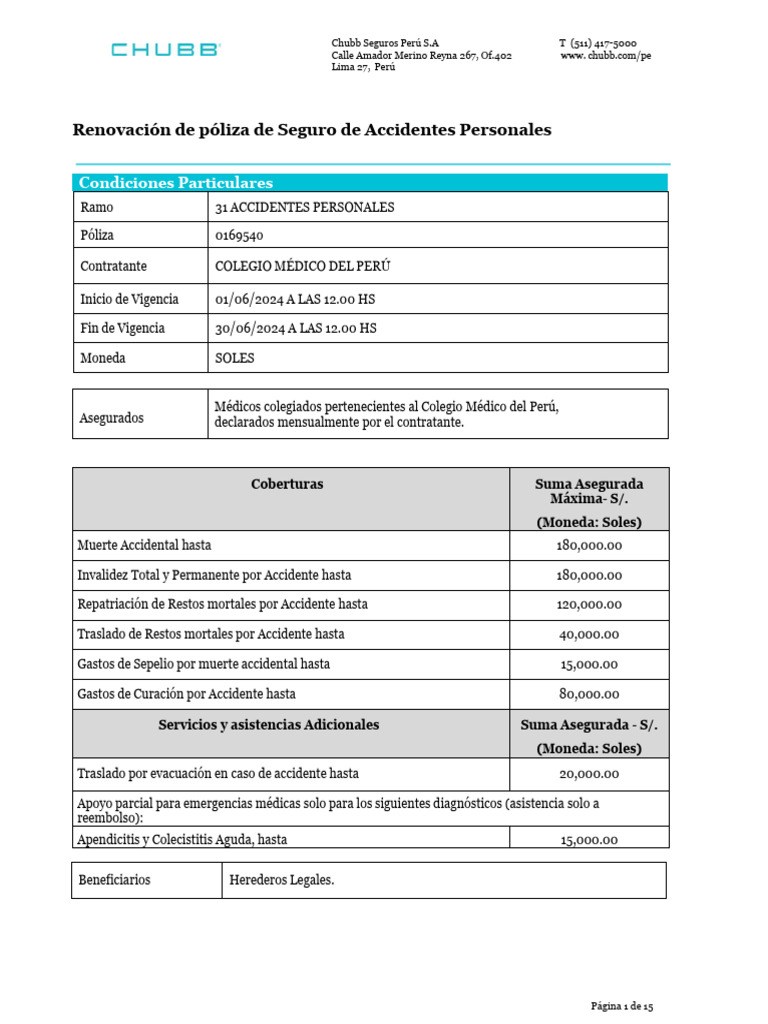P Oacute Liza Colegio M Eacute Dico Junio 2024 | PDF | Seguro de vehículo | Póliza de seguros