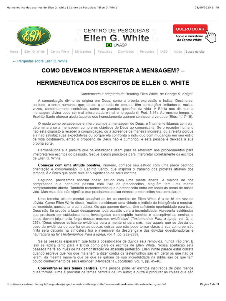Como Devemos Interpretar A Mensagem Hermenêutica Dos Escritos de Ellen G. White | PDF | Bíblia ...