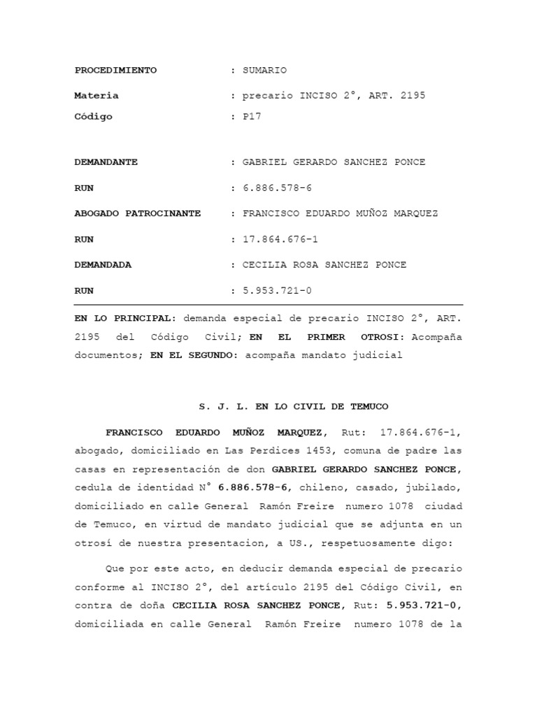 Demanda Precario Especial | PDF | Propiedad