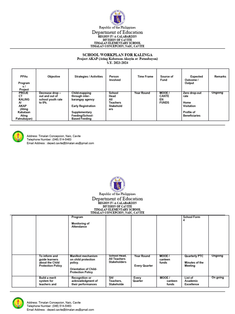 Kalinga School Workplan Sy2023 2024 Pdf