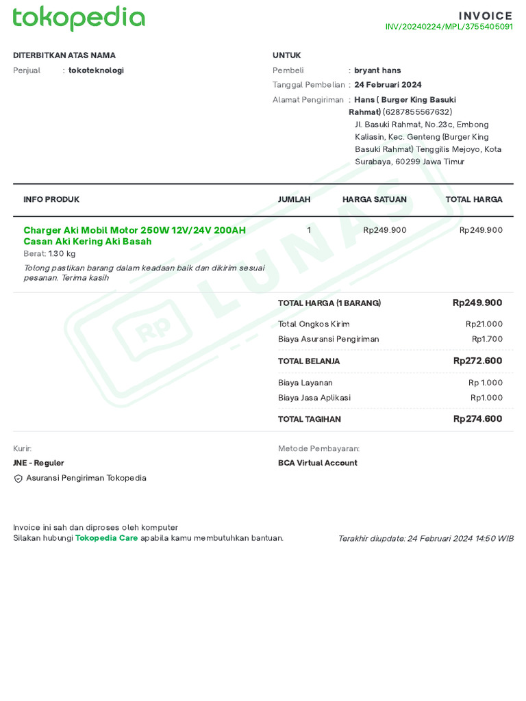 Contoh Invoice Tokopedia | PDF