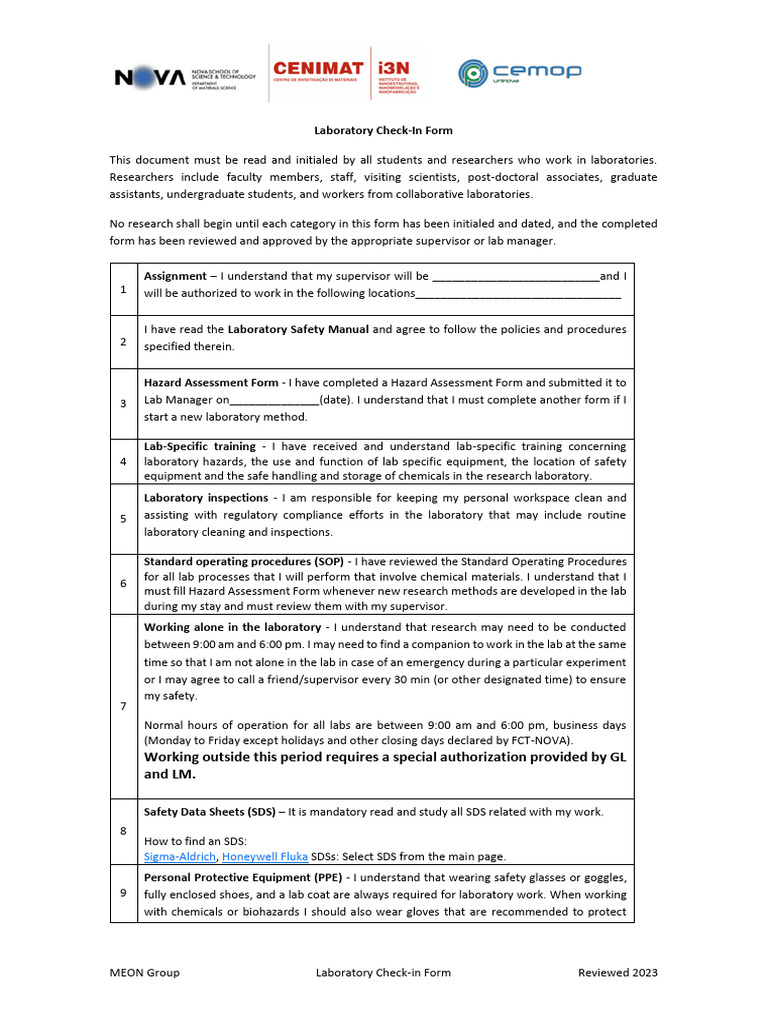 Laboratory Check-In Form | Download Free PDF | Laboratories ...