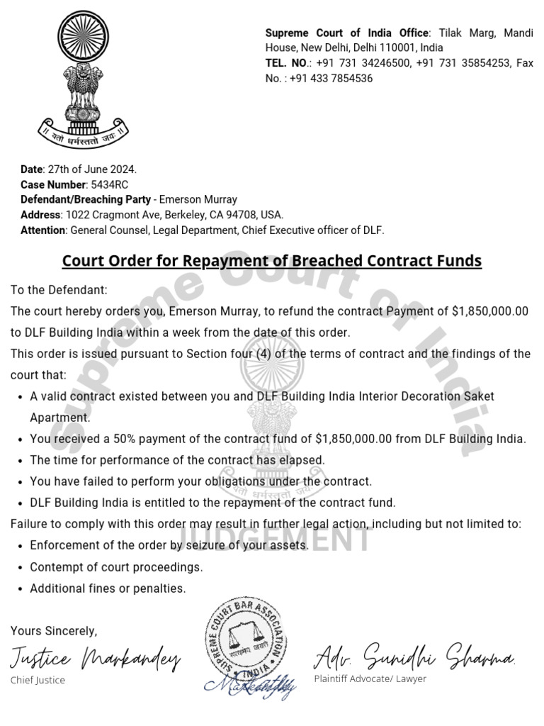 Court Order For Repayment of Contract Funds | PDF | Finance & Money ...
