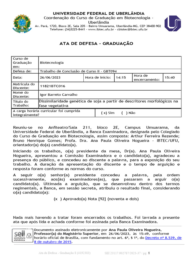 Ata de Defesa - Graduação: Universidade Federal de Uberlândia | PDF