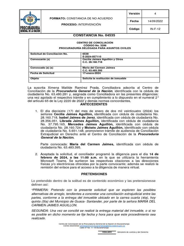 4535-Constancia No Acuerdo - Solicitud 6538 | PDF | Documento de identidad