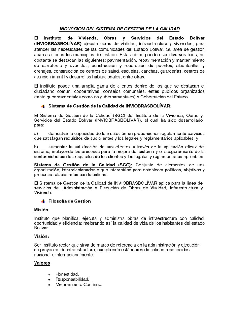 Induccion Del Sistema de Gestion de La Calidad | PDF | Calidad (comercial) | Sistema de manejo ...
