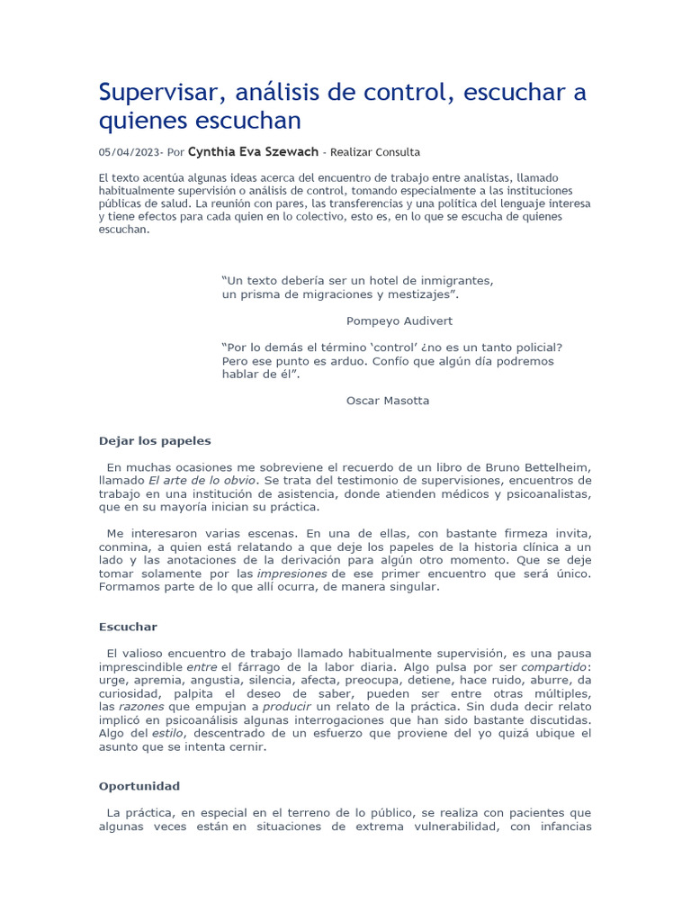 Supervisar. Cintya Szewach | PDF | Psicoanálisis | Sicología
