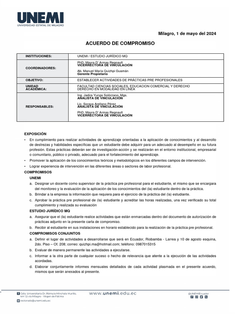 Acuerdo - Compromiso - Estudio - Juridico - MQ - 56656 - Original | PDF