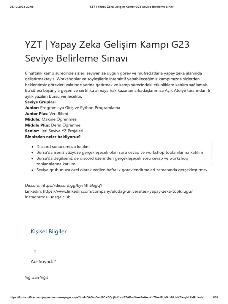 YZT - Yapay Zeka Gelişim Kampı G23 Seviye Belirleme Sınavı | PDF