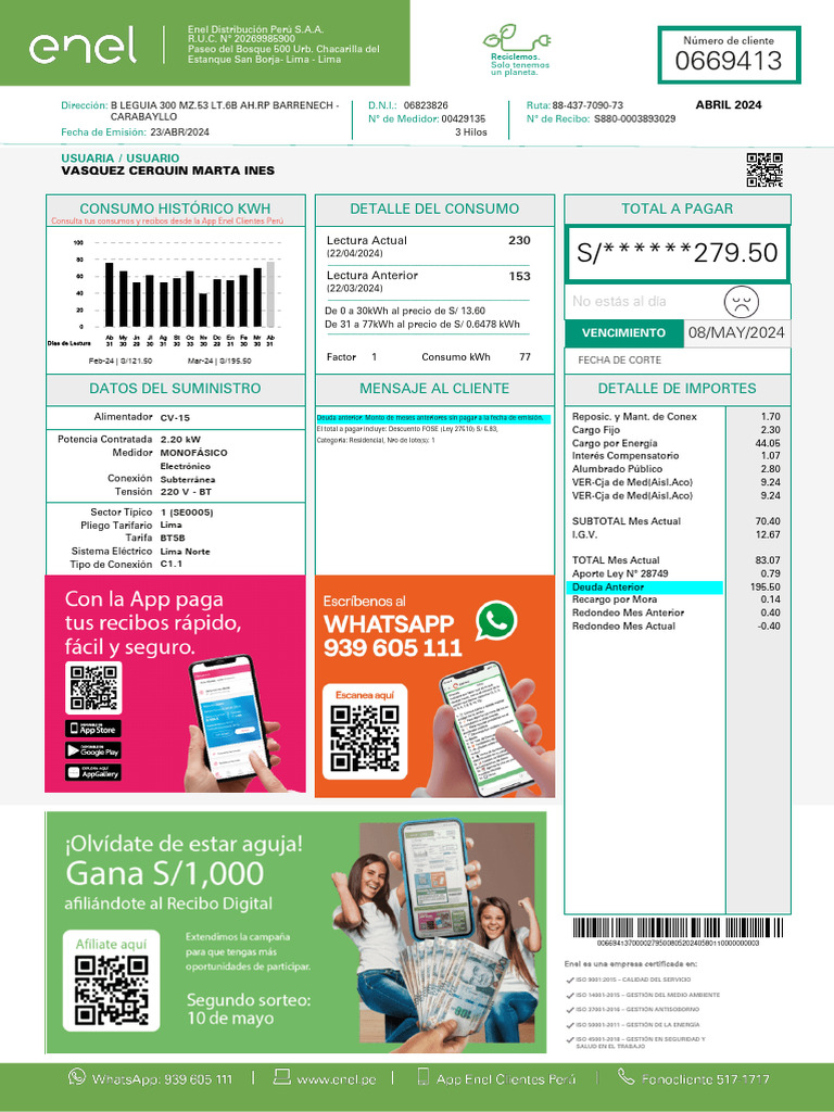 Recibo de Luz Enel - Abril 2024 | PDF | Apelación | Naturaleza