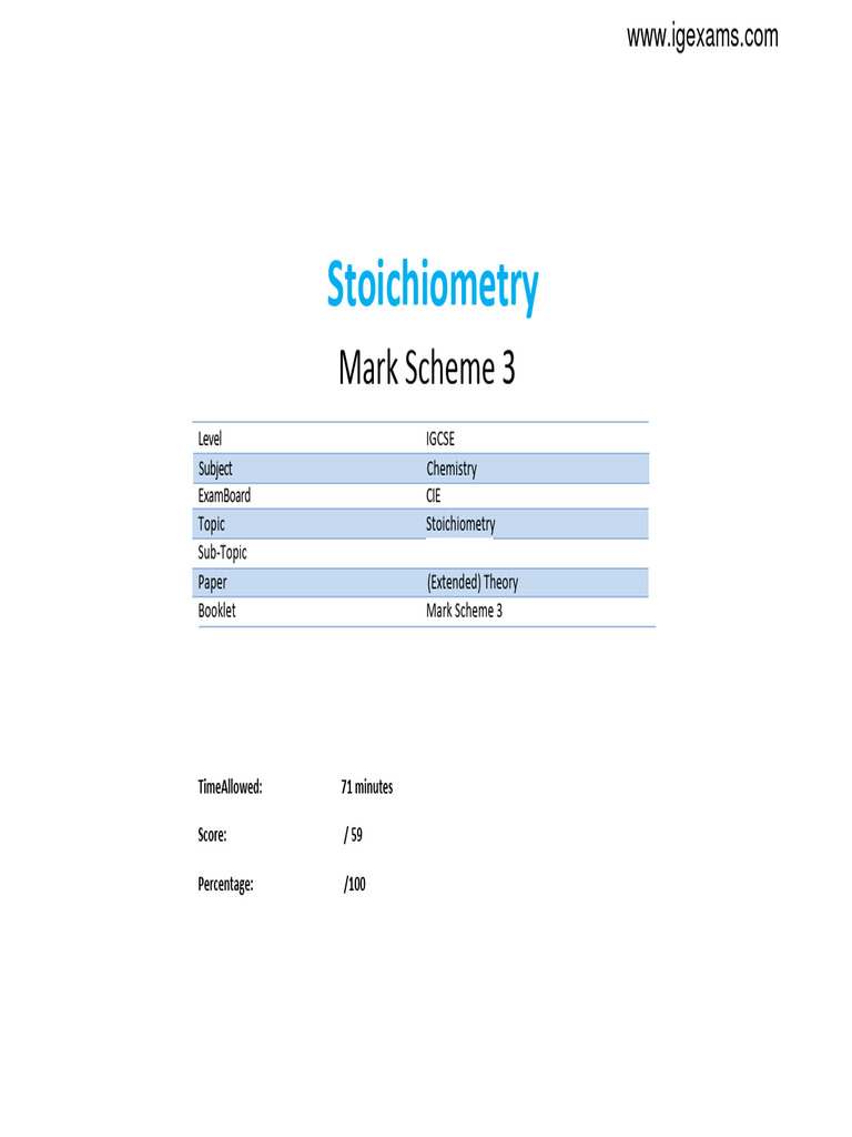 5.3 Stiochiometry MS IGCSE CIE Chemistry Extended Theory Paper L | PDF | Stoichiometry | Mole (Unit)