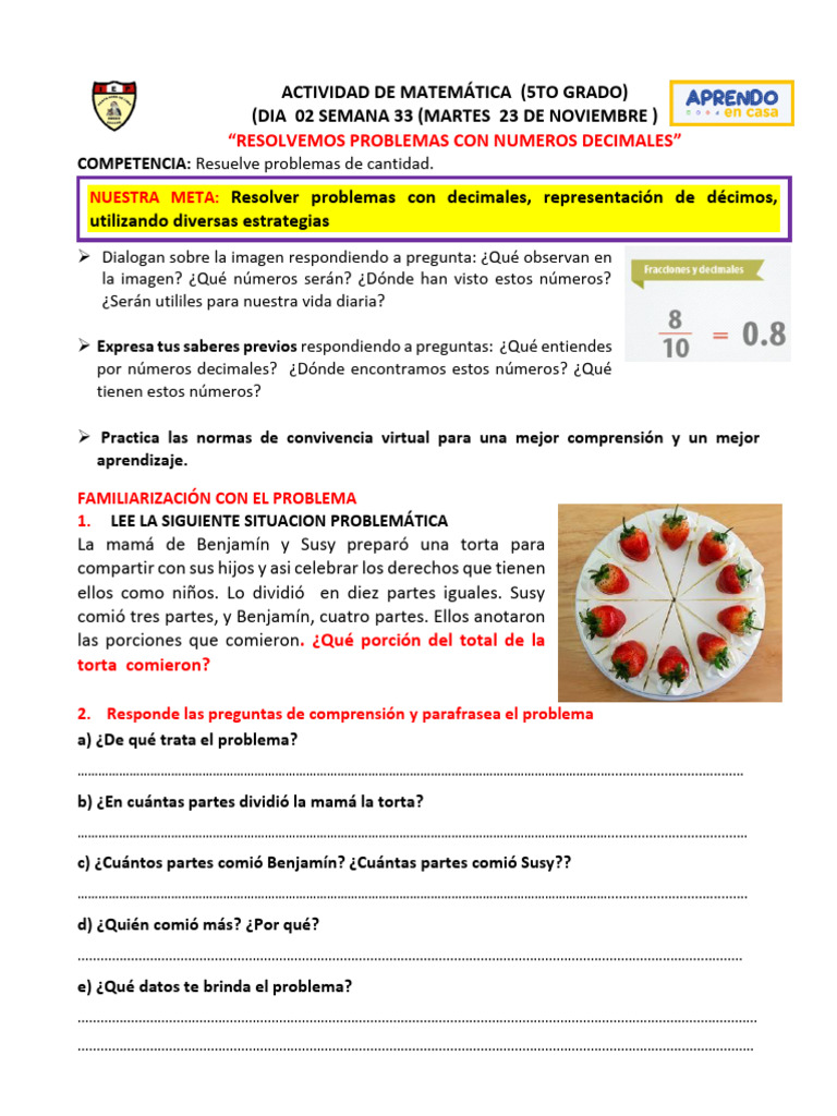 Actividad de Matematica s33-d2 | PDF | Decimal | Cognición