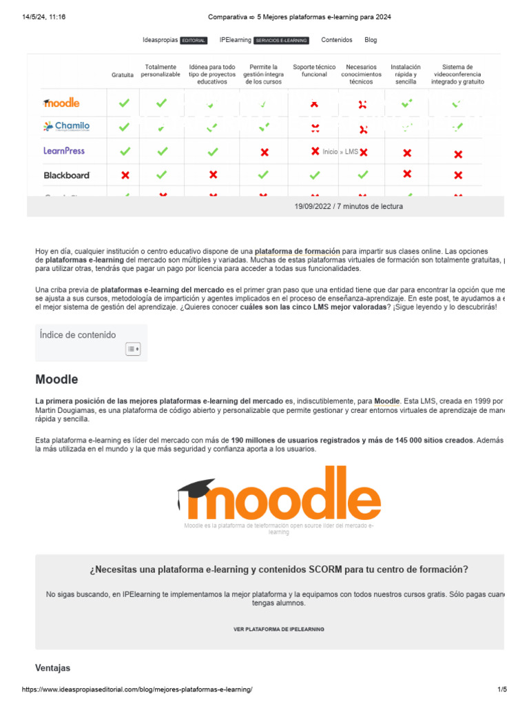 Comparativa, 5 Mejores Plataformas E-Learning para 2024 | PDF | Moodle | Word Press