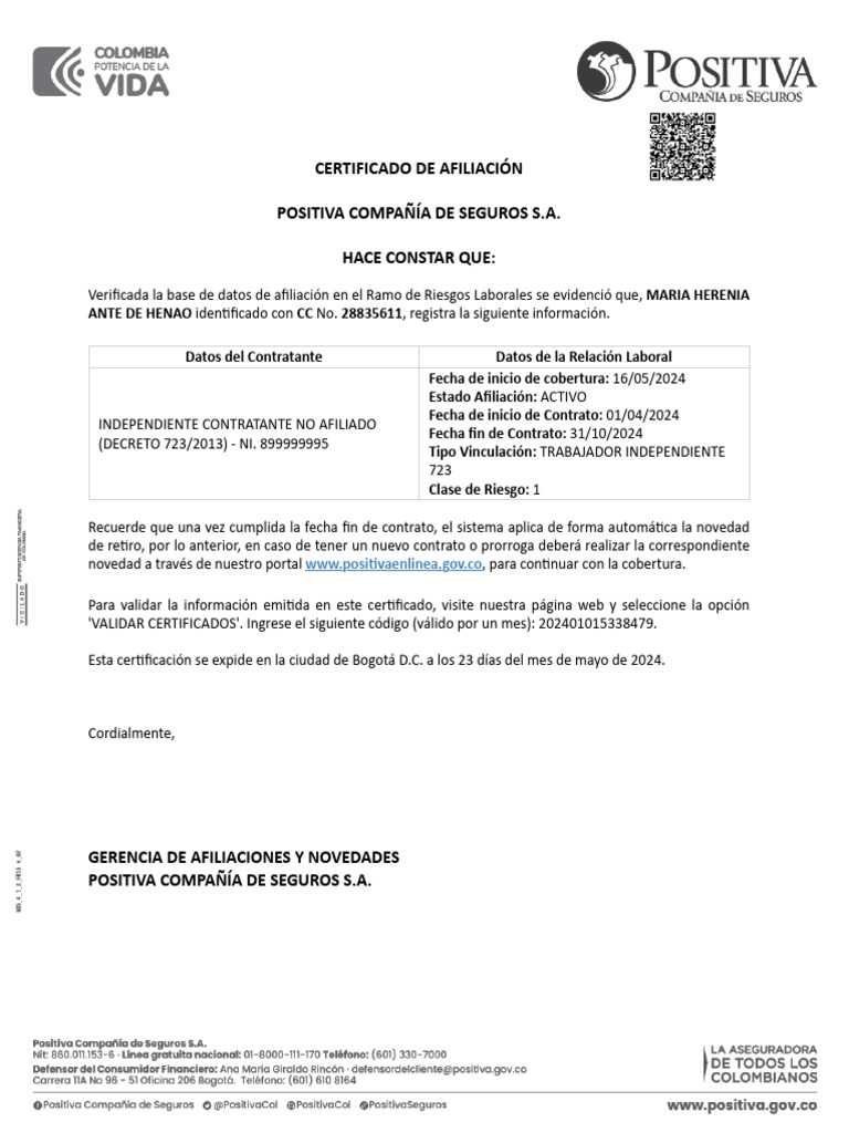 Certificado de Afiliación Positiva S.A. | PDF | Finanzas y dinero | Derecho