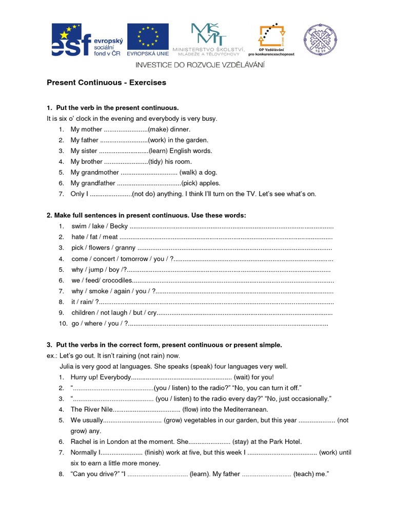 Present Continuous Exercises for Practice | PDF | Linguistics