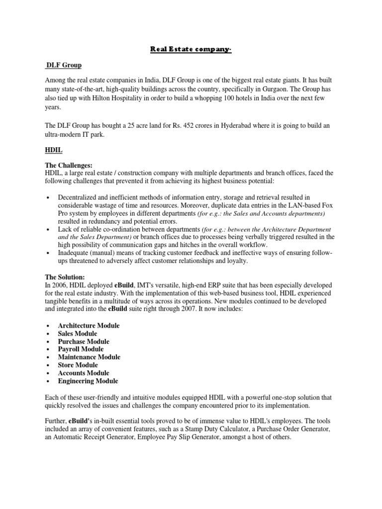 Real Estate Company-: Hdil The Challenges | PDF | Enterprise Resource ...