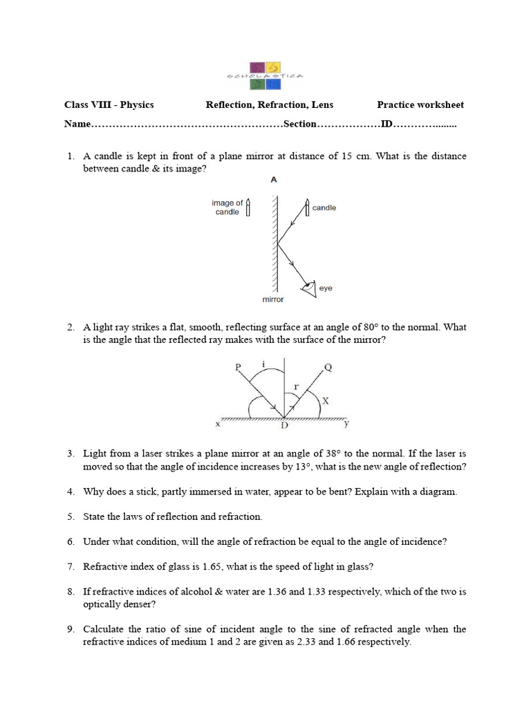 Practice Worksheet - Reflection, Refraction, Lens | PDF | Teaching ...