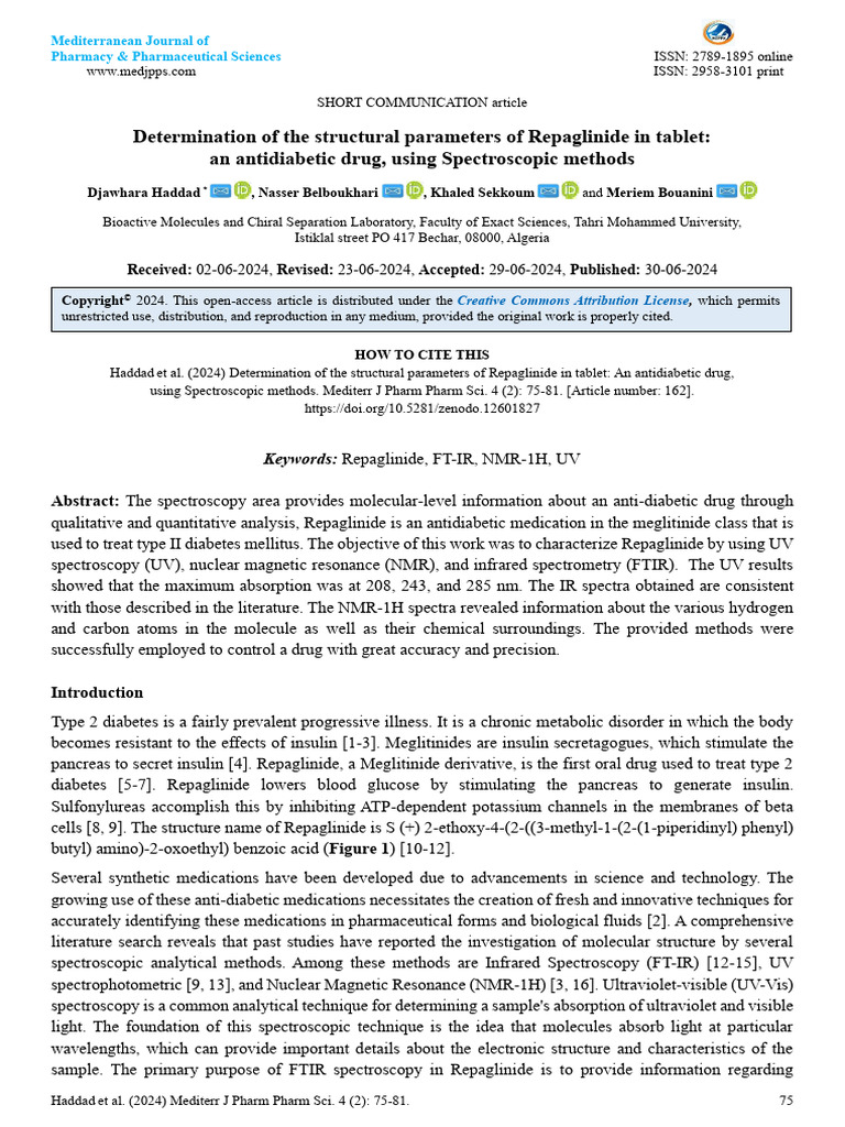 Determination of The Structural Parameters of Repaglinide in Tablet: An ...