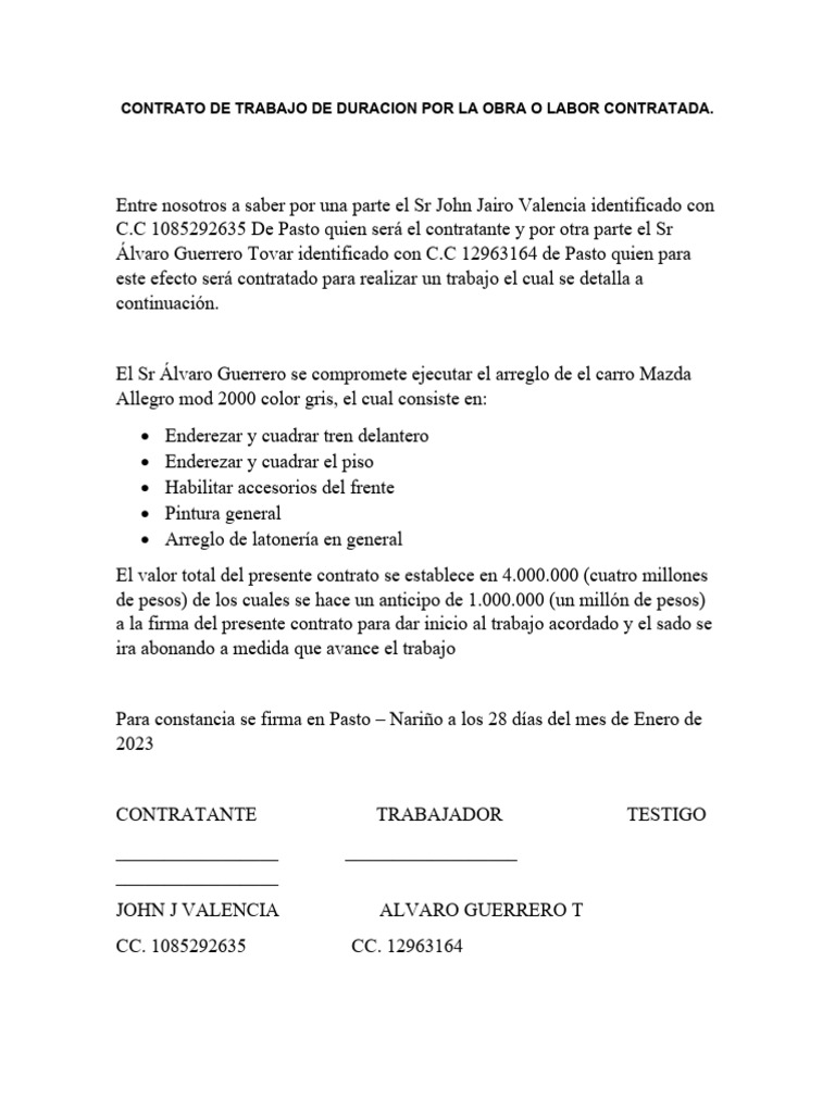 Contrato de Trabajo de Duracion Por La Obra o Labor Contratada | PDF