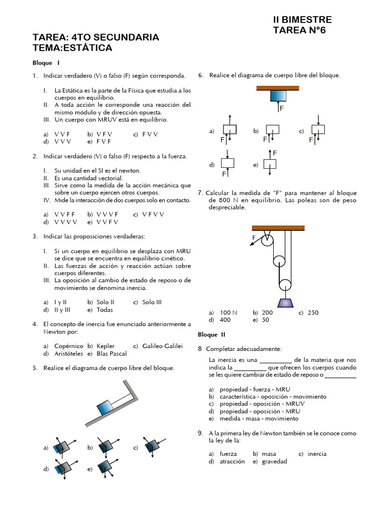 Tarea N°6-Fis-Estática-03 Jul-5°s-Iepe | PDF | Fuerza | Inercia